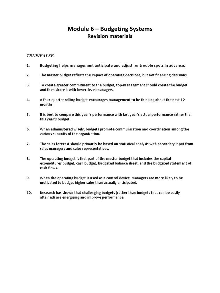 Budgeting Systems Revision Materials | PDF | Inventory | Forecasting