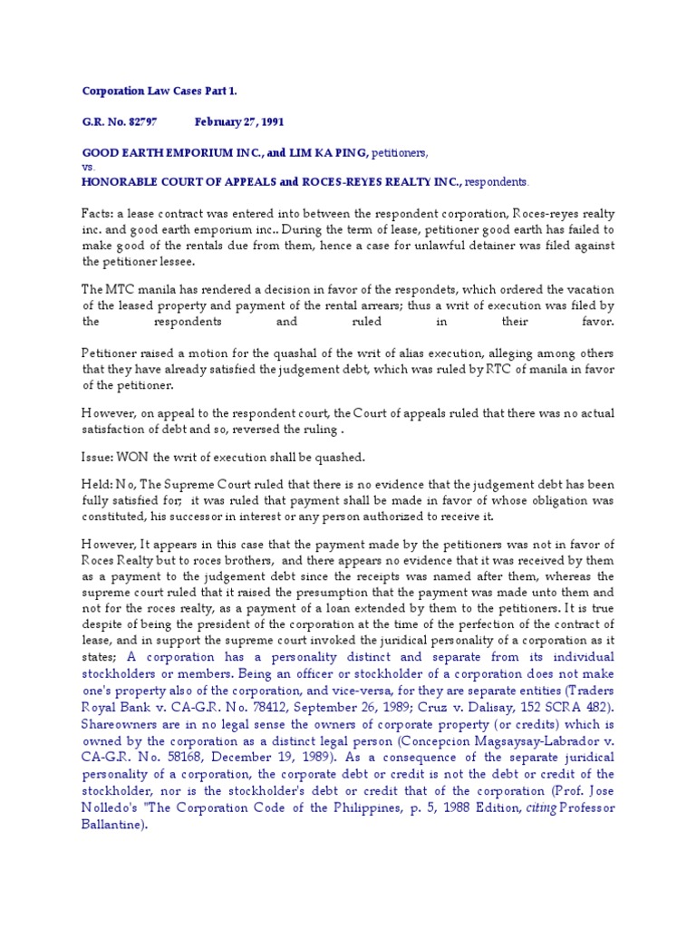 Corporation Law Cases Part 1 | PDF | Piercing The Corporate Veil ...