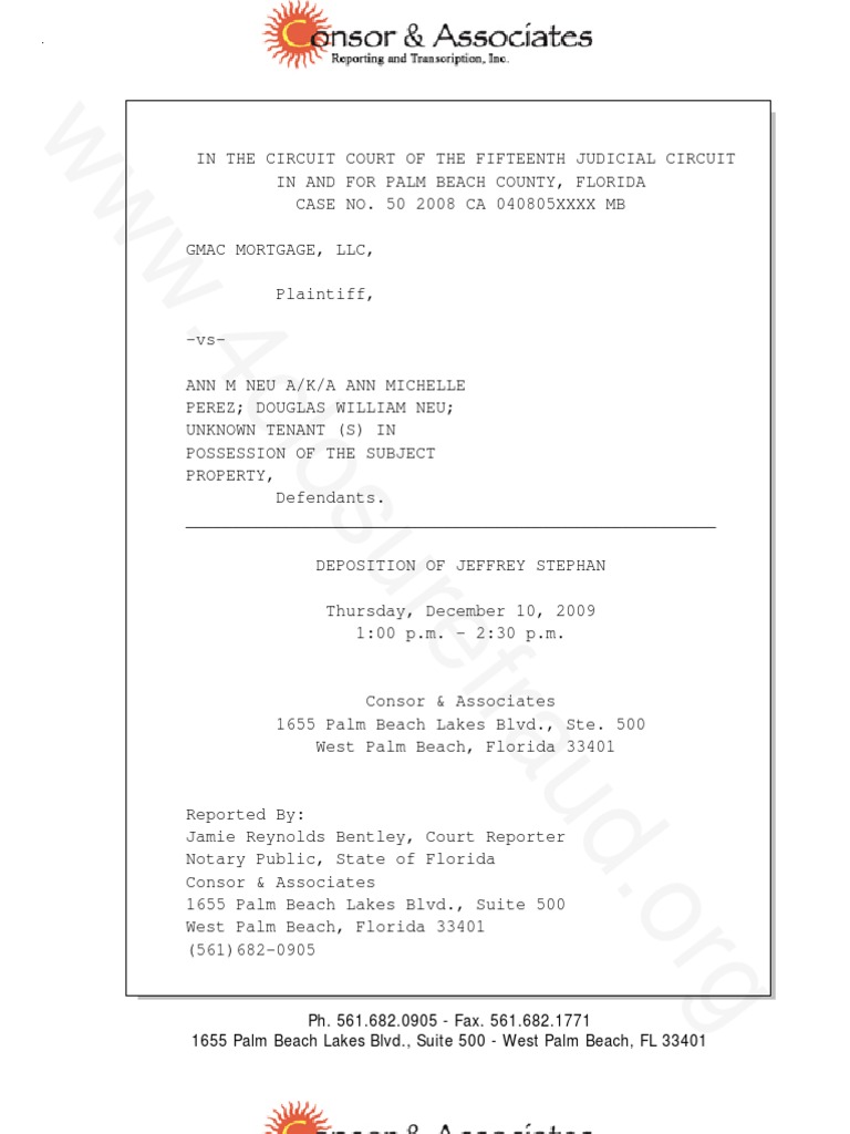 Jeffrey Stephan Deposition | PDF | Foreclosure | Real Estate Law