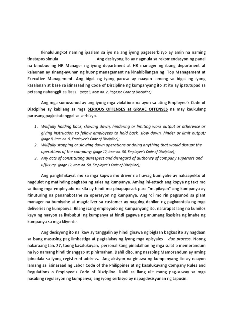 Termination Letter Tagalog | PDF