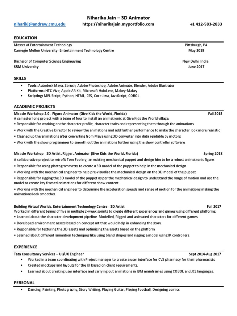 Niharika Jain - 3D Animator: Niharikj@andrew - Cmu.edu | PDF | 3 D Computer Graphics | Animation