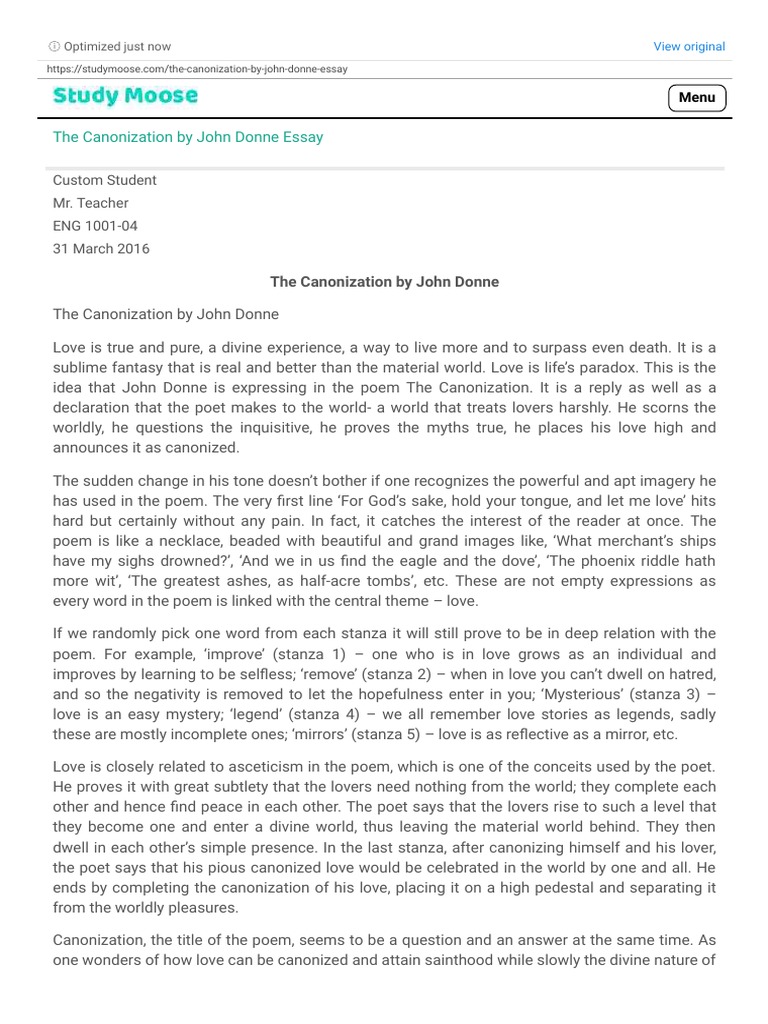 The Canonization by John Donne Essay Example For Free | PDF | Poetry | Love