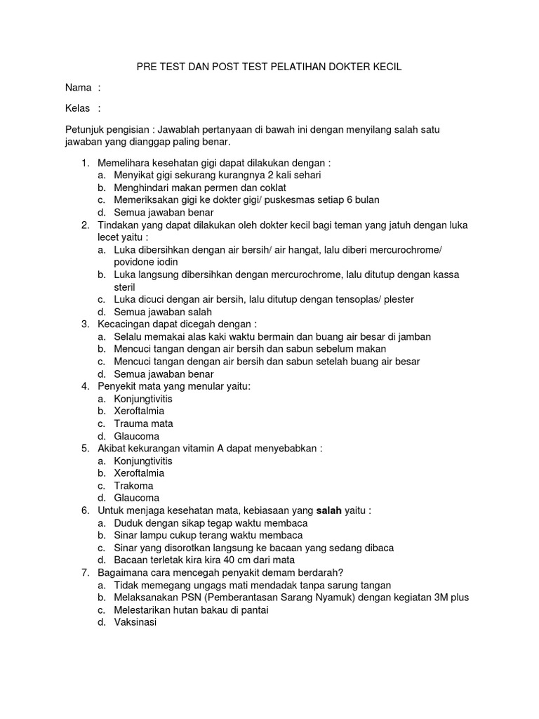 Pre Test Dan Post Test Pelatihan Dokter Kecil | PDF | Gaya Hidup