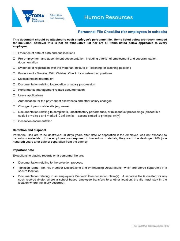 Personnel File Checklist | PDF | Withholding Tax | Employment
