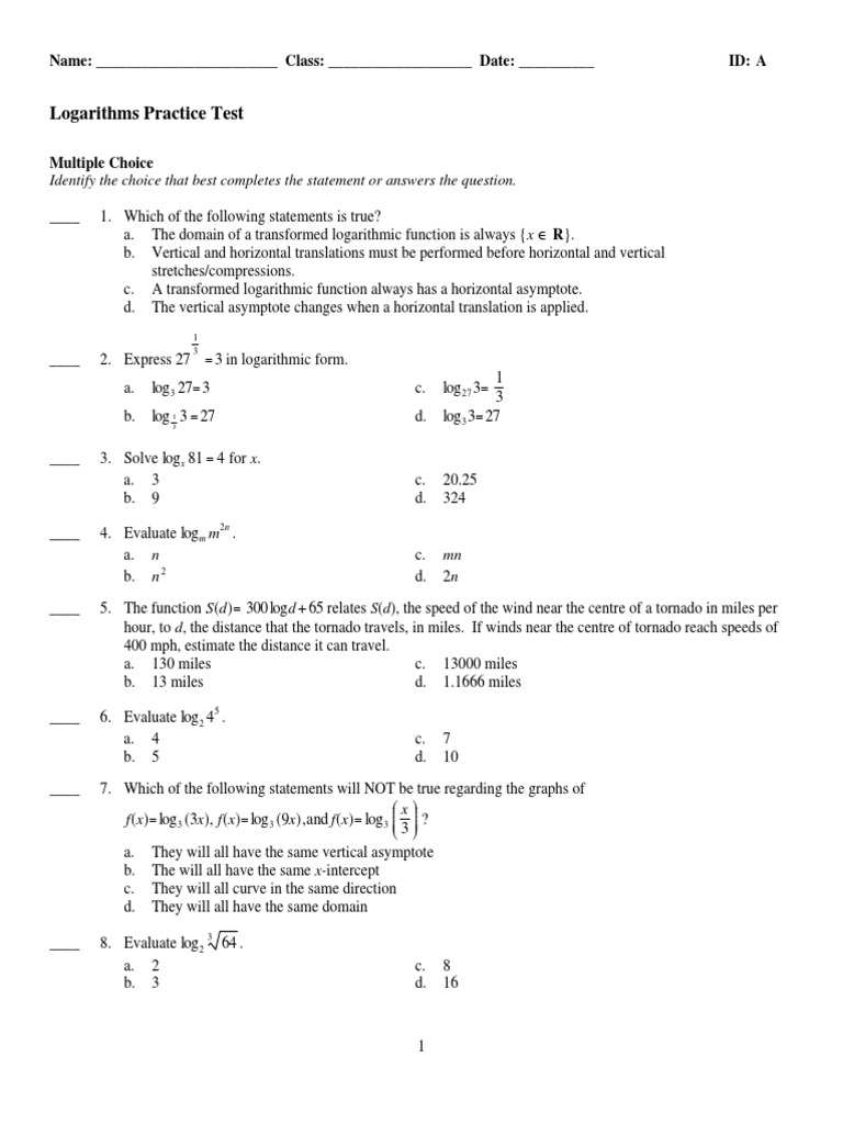Logarithms Practice Test PDF | PDF | Logarithm | Exponentiation