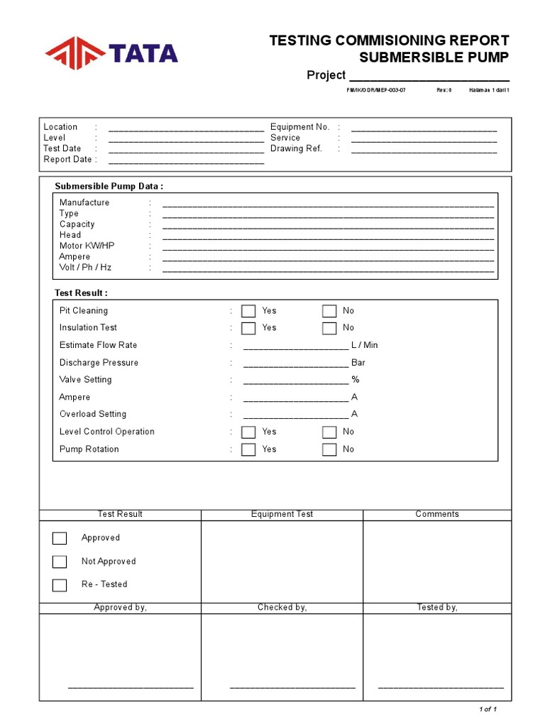 Testing Commisioning Report Submersible Pump: Project | PDF | Gas ...