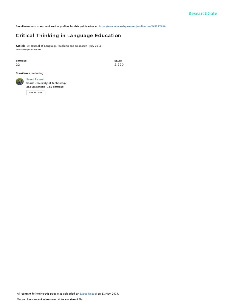 Critical Thinking in Language Education: Journal of Language Teaching ...