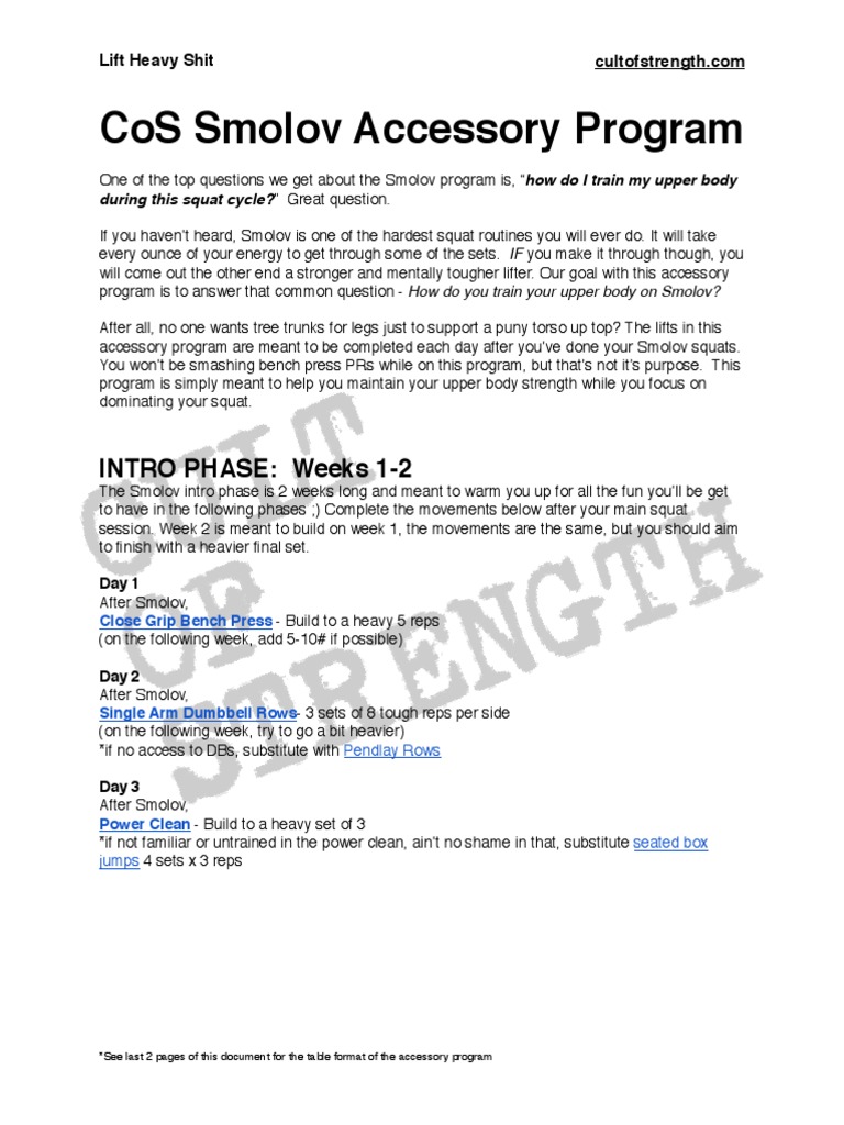 CoS Smolov Accessory Program | PDF | Weight Training | Individual Sports