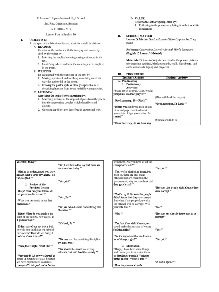 Lesson Plan: Martian Postcard Analysis | PDF | Lesson Plan