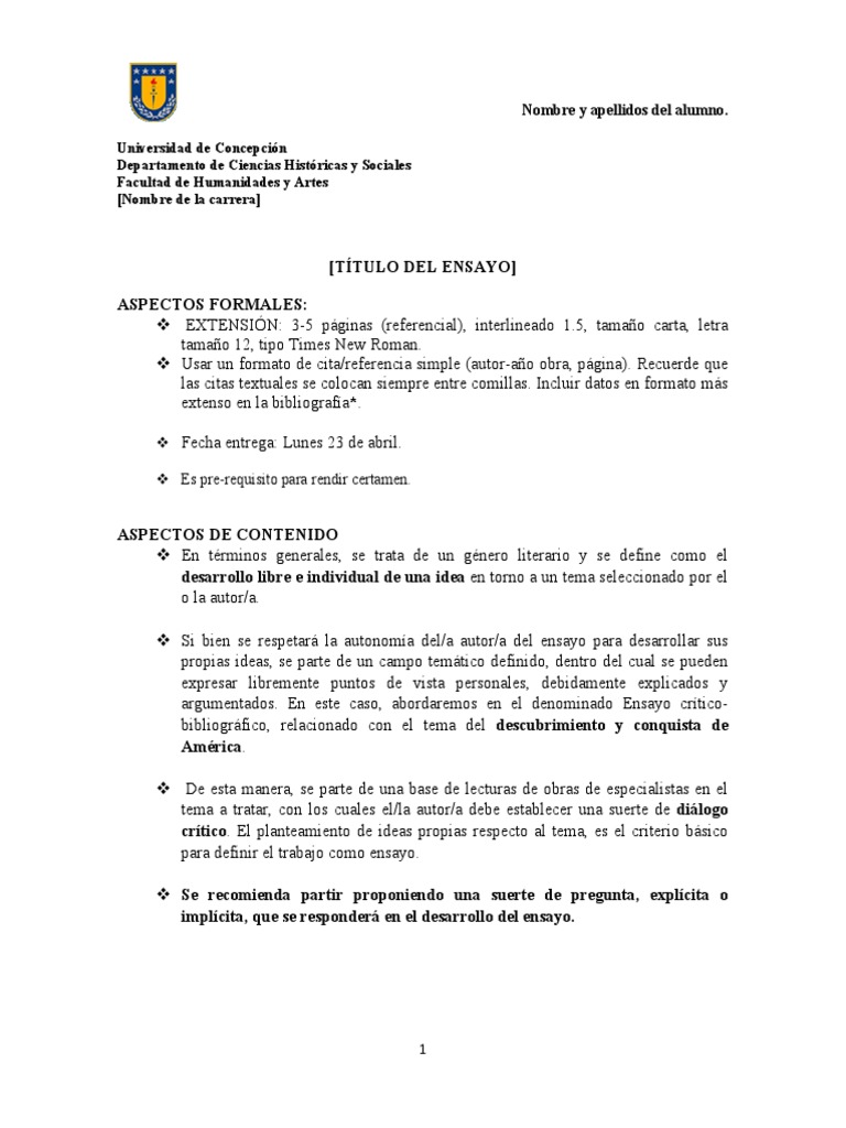 Pauta Ensayo, UDEC. | PDF | Ensayos | Bibliografía