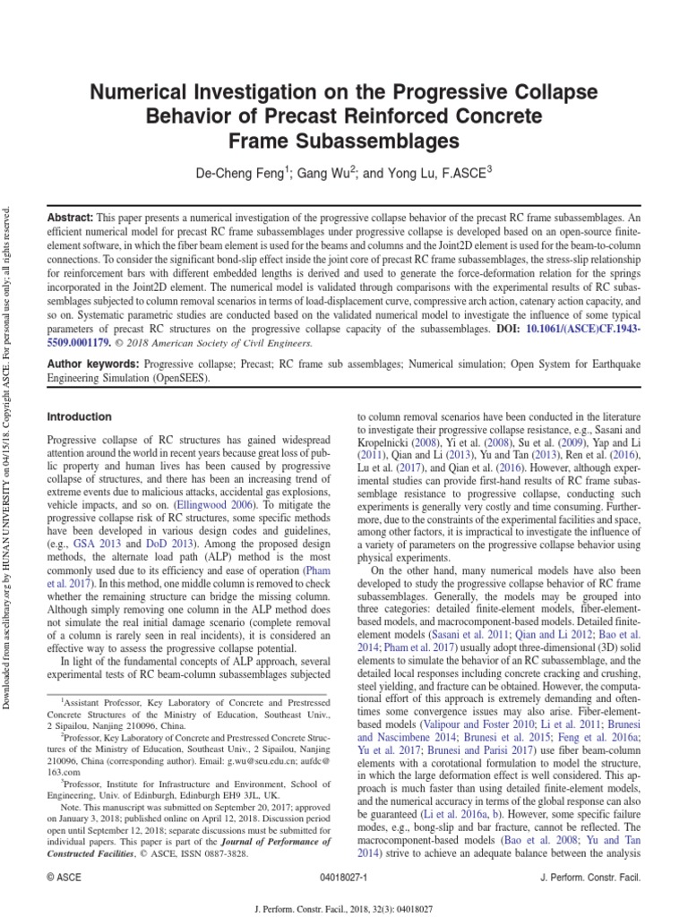 Numerical Investigation On The Progressive Collapse Behavior Of Precast Reinforced Concrete