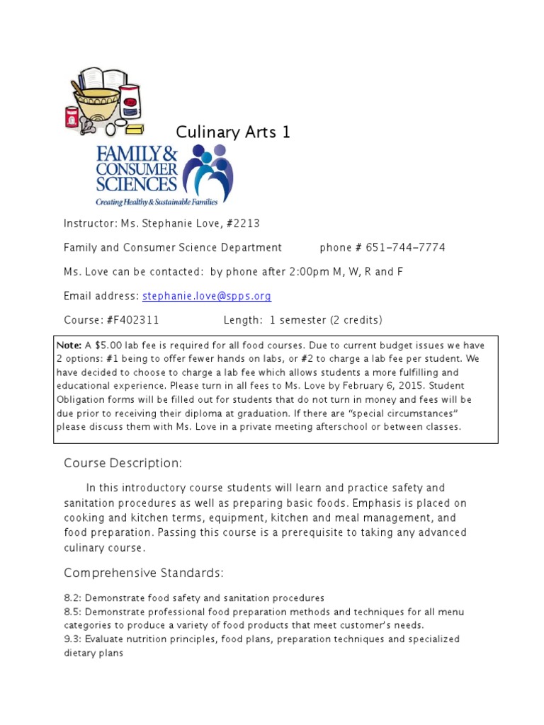 Culinary Arts 1 Syllabus | PDF | Foods | Classroom
