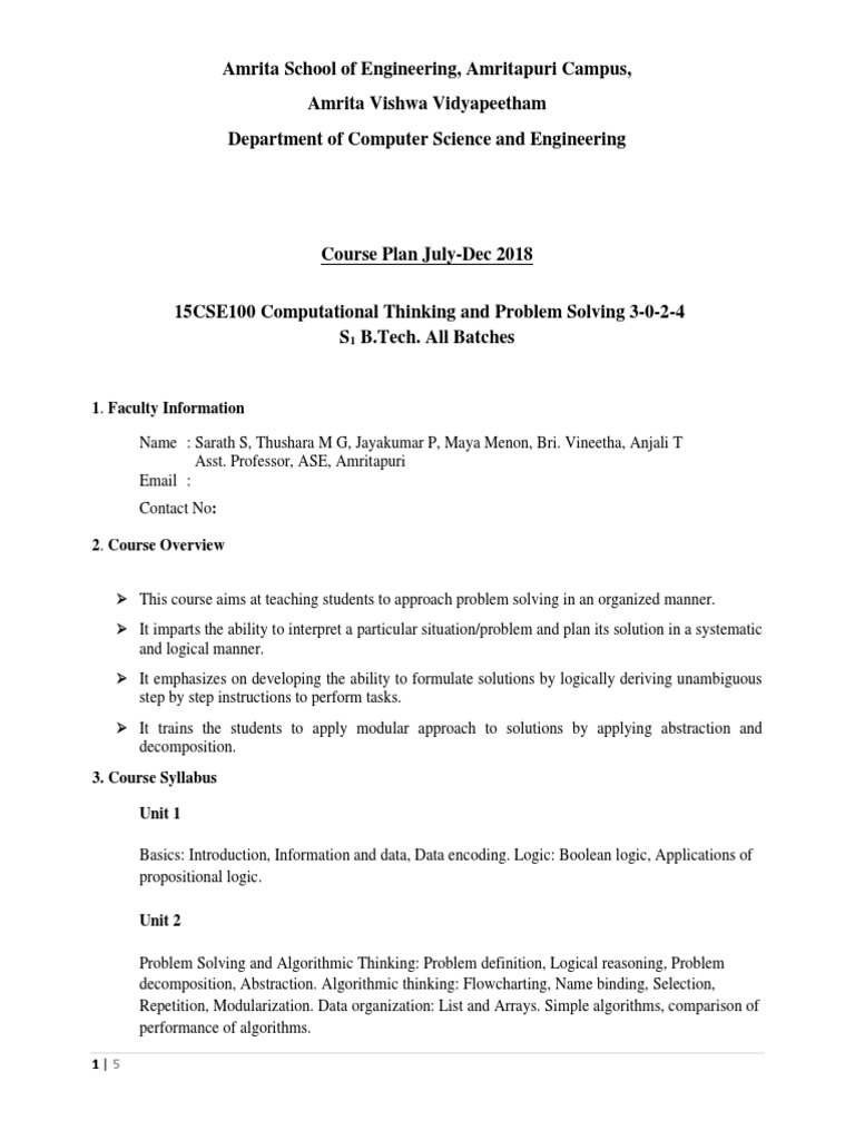 15CSE100 Computational Thinking and Problem Solving Course Plan | PDF ... 15CSE100 Computational Thinking and Problem Solving Course Plan | PDF ...