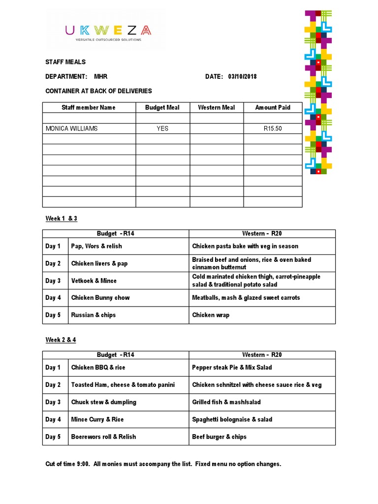 Staff Meal Menu Overview | PDF