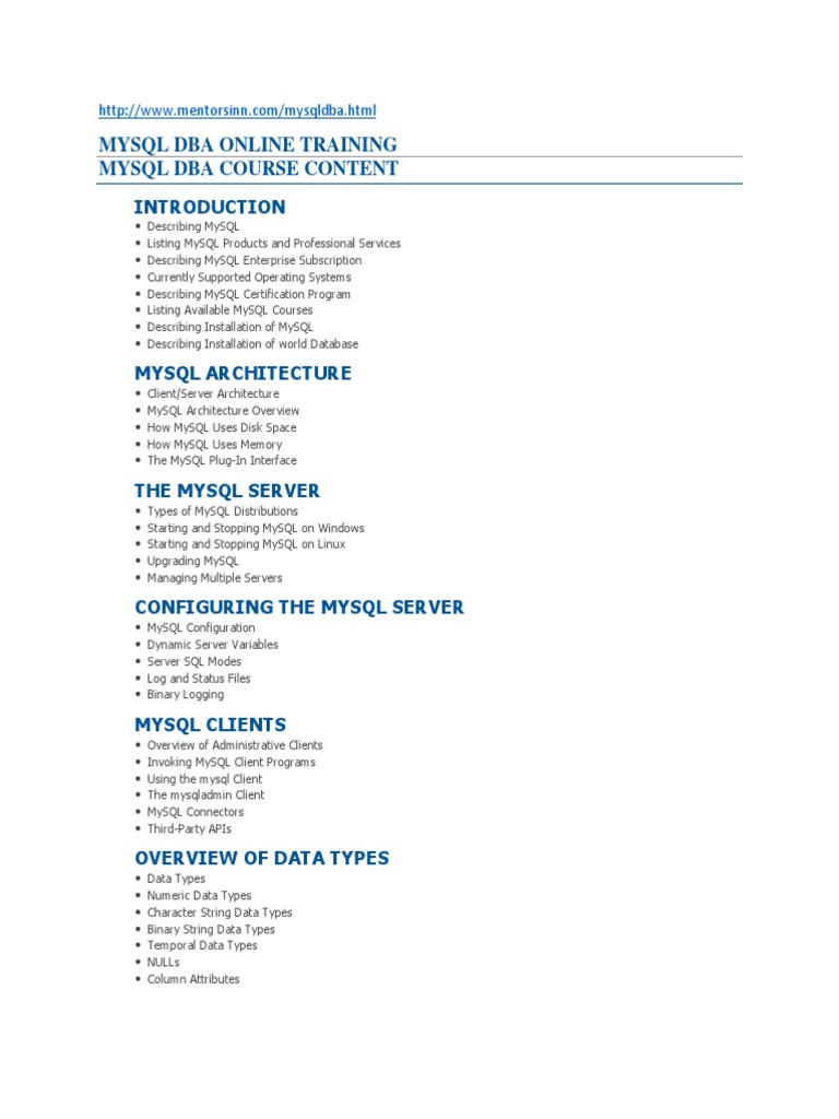 Mysql DBA Syllabus | PDF | My Sql | Backup