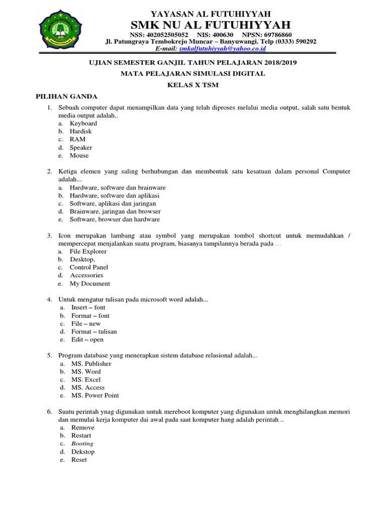 US Ganjil Simdig X TSM Bima | PDF | Seni | Komputer