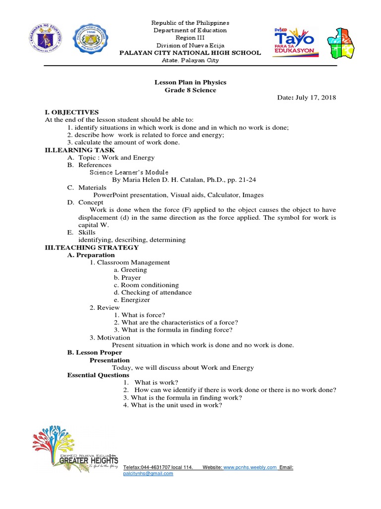 Lesson Plan in Physics Grade 8 | Lesson Plan | Force