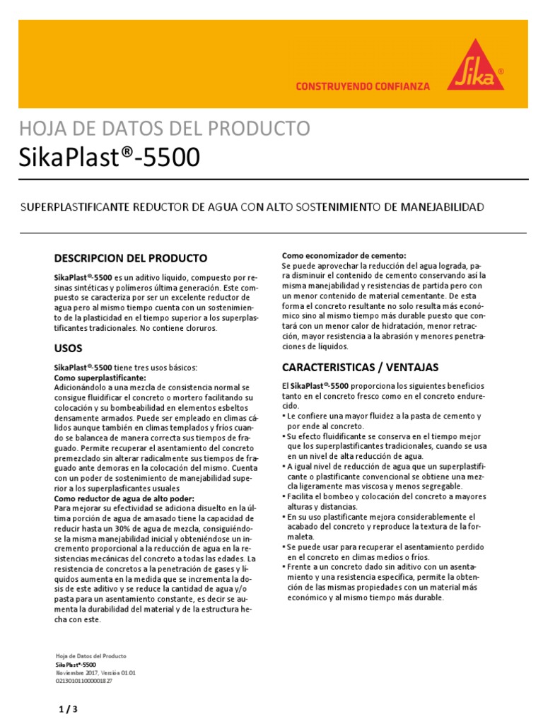 Co HT SikaPlast 5500 | PDF | Hormigón | Cemento