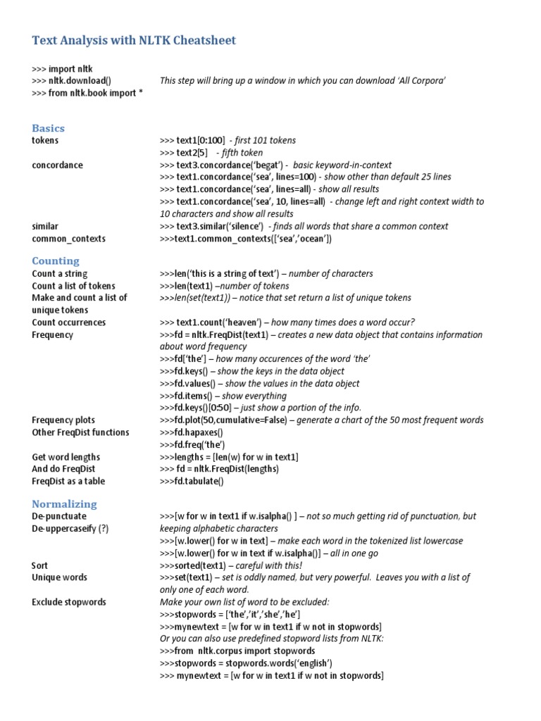 Text Analysis With NLTK Cheatsheet PDF | PDF | Grammatical Number | Verb