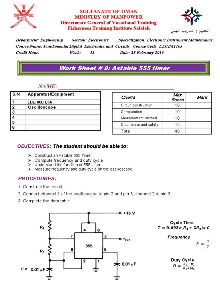 Work Sheet 9 555 Timers | PDF | Electronic Oscillator | Electricity