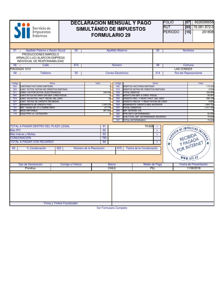 Declaración Mensual Y Pago Simultáneo de Impuestos Formulario 29