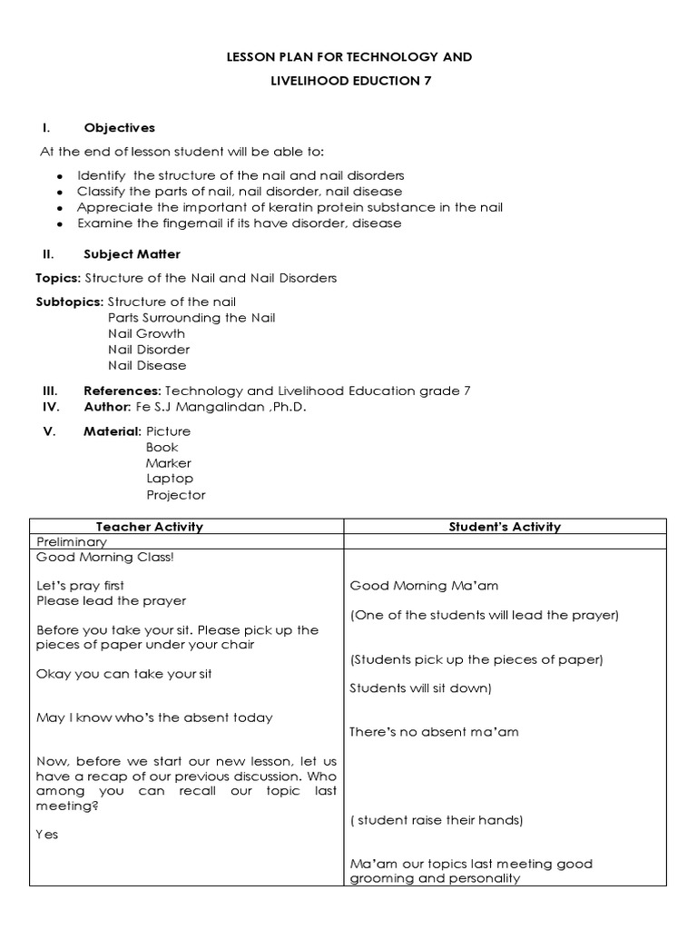 Lesson Plan Structure of The Nail and Nail Disorder PDF | PDF | Nail ...