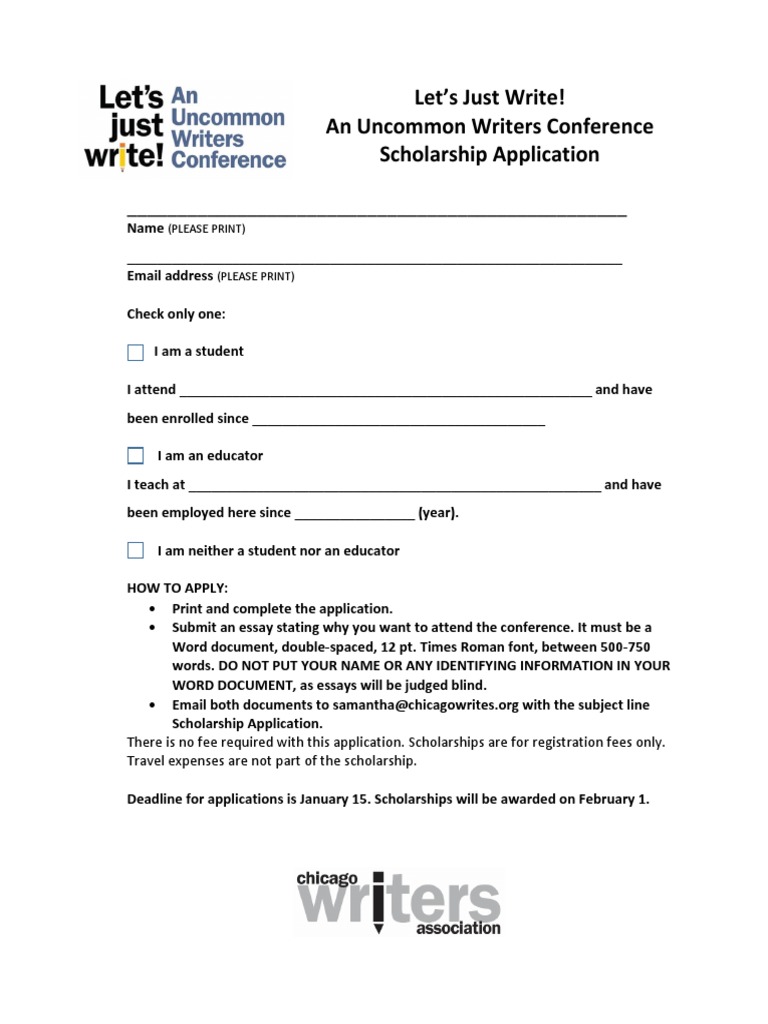 Writers Conference Scholarship Application | PDF | Career & Growth ...