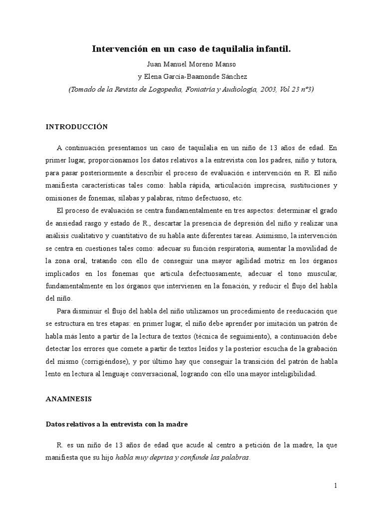 Intervención en Un Caso de Taquilalia Infantil | PDF | Lectura (proceso ...