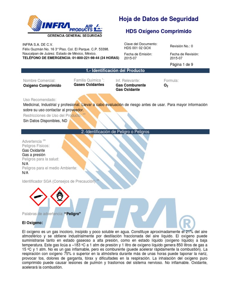 oxigeno_comprimido INFRA HSD | Oxígeno | Agente oxidante