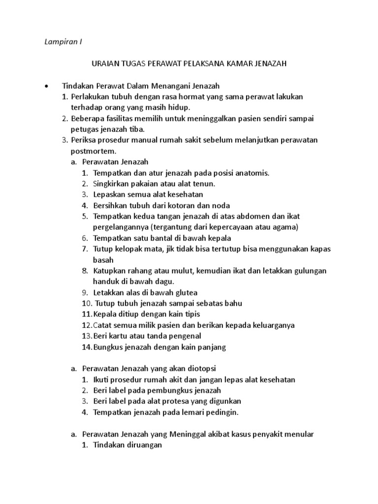 Uraian Tugas Perawat Pelaksana Kamar Jenazah | PDF | Kesehatan Holistik
