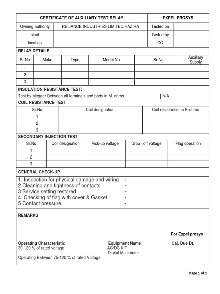 Certificate of Auxiliary Test Relay Expel Prosys | PDF