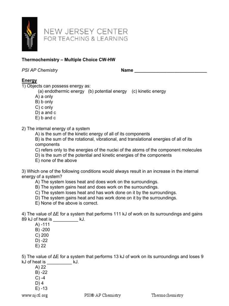 AP Chem Thermochemistry Multiple Choice 2018-01-09 | PDF ...