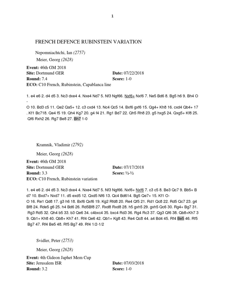 French Defence Rubinstein Variation | PDF | Board Games Competitions ...