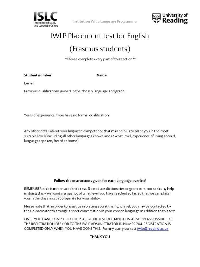 English Placement Test | PDF | University | English Language