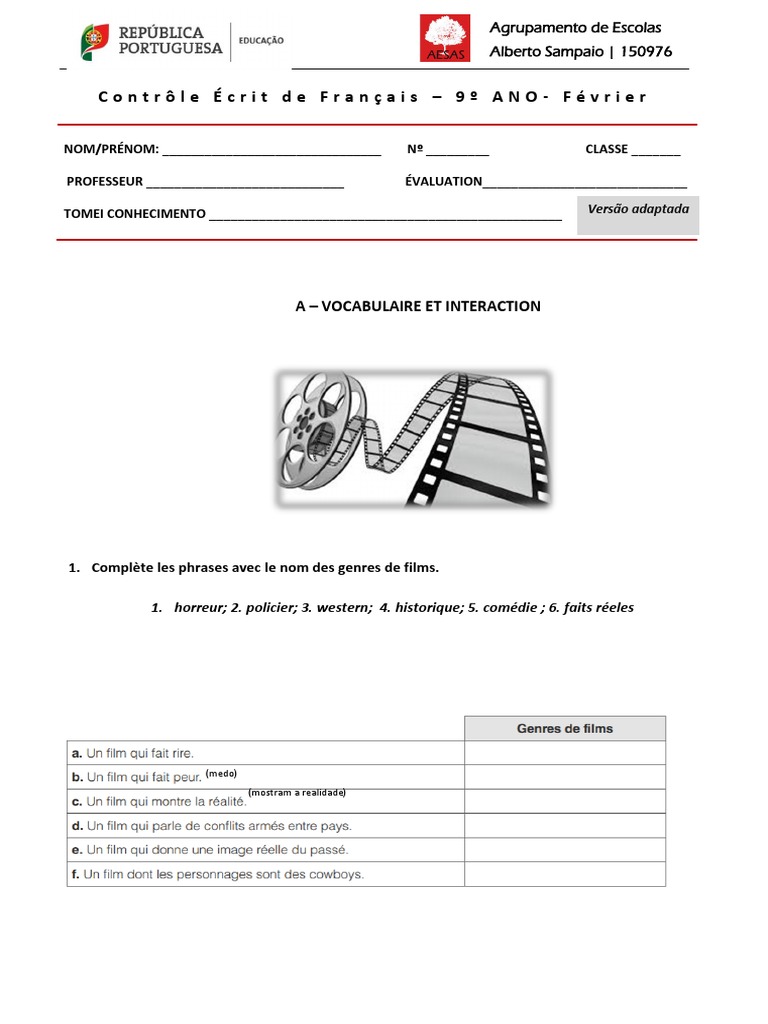 Contrôle Écrit de Français - 9ème Année | PDF | Cinématographie