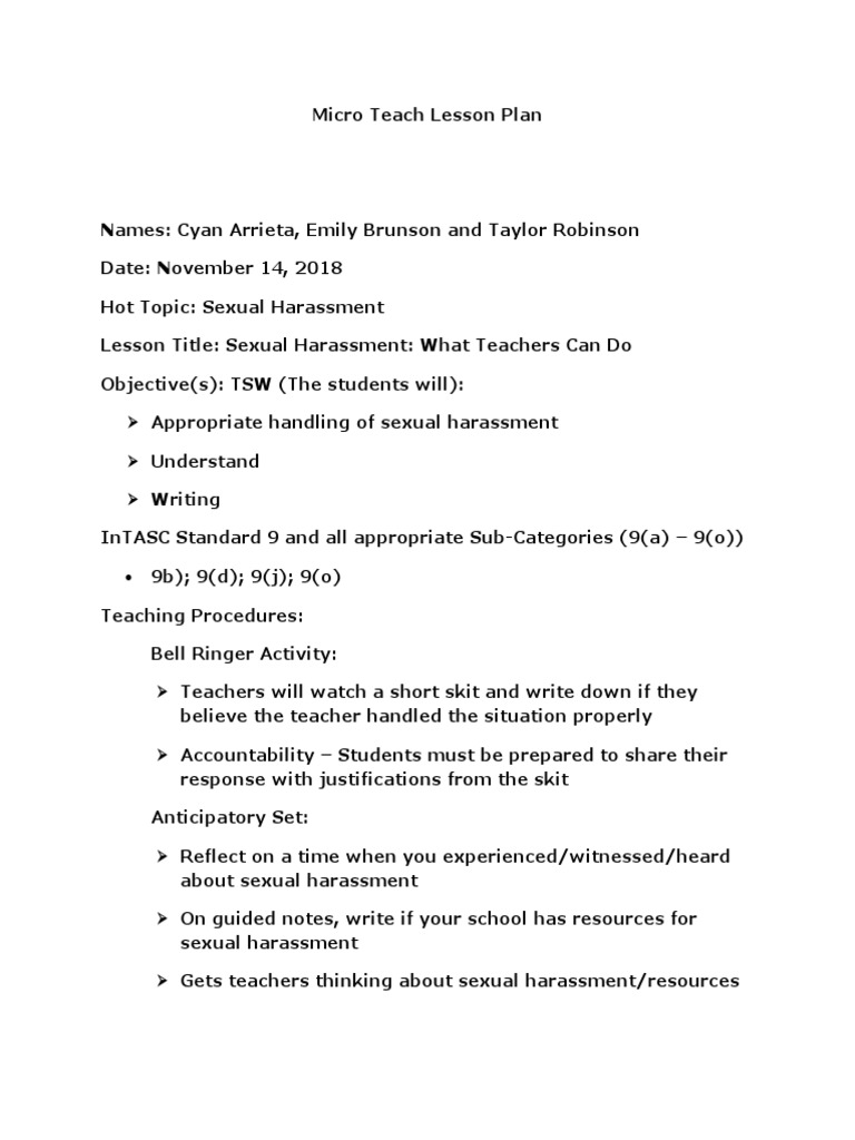 Micro Teach Lesson Plan | PDF | Lesson Plan | Sexual Harassment