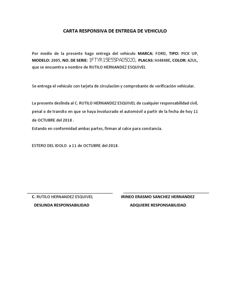 Carta De Entrega De Vehiculo - Image to u Carta De Entrega De Vehiculo - Image to u