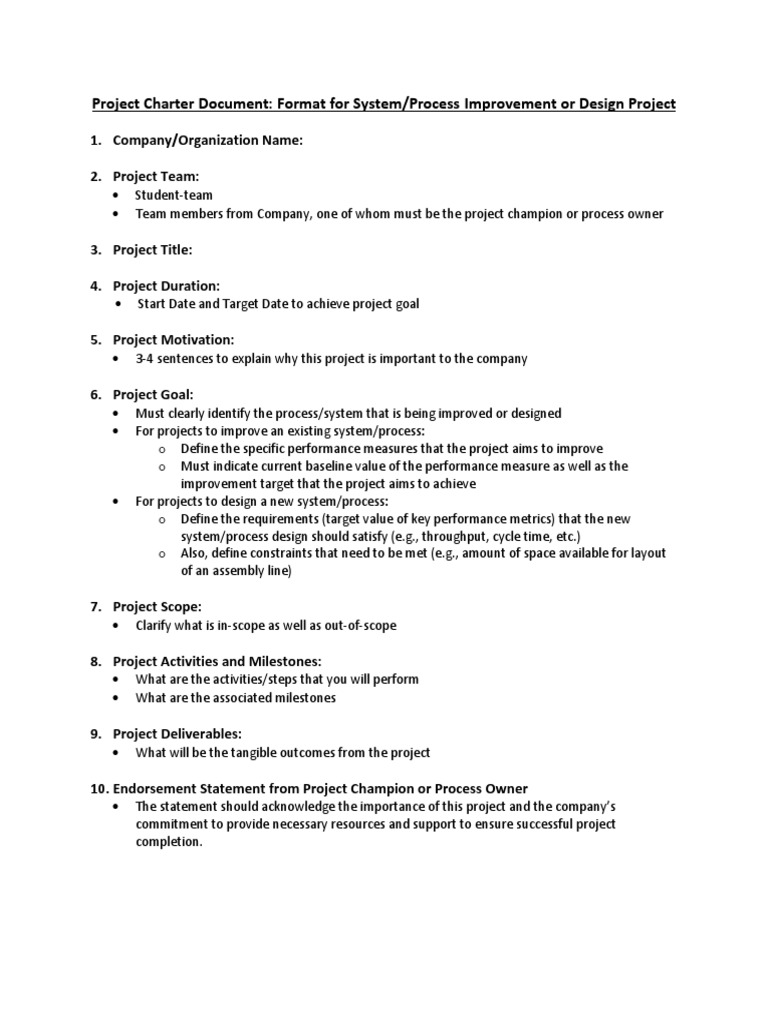 Project Charter Document: Format For System/Process Improvement or ...