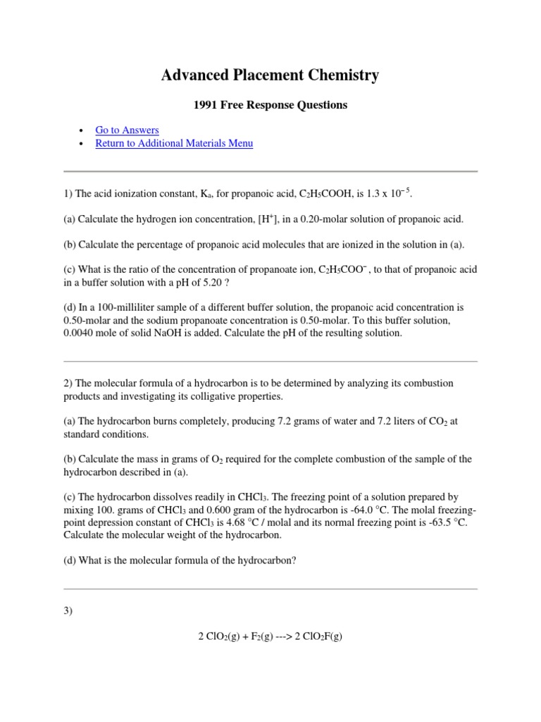Advanced Placement Chemistry: 1991 Free Response Questions | PDF ...