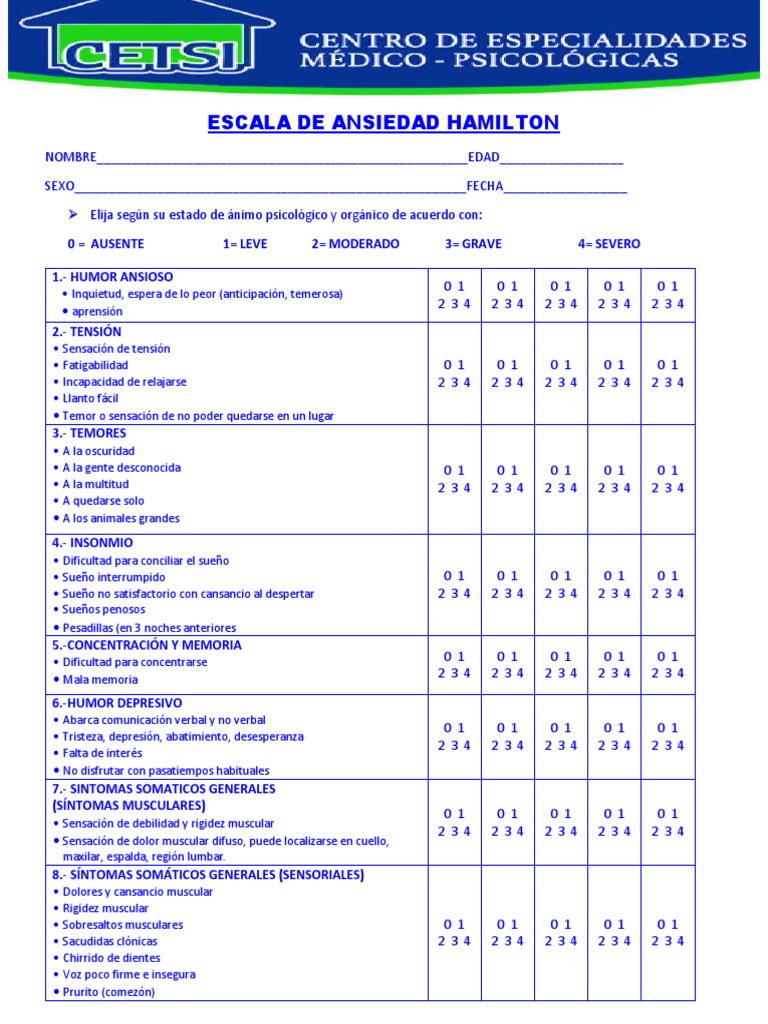 Escala De Ansiedad Hamilton | Medicina CLINICA | Enfermedades y trastornos