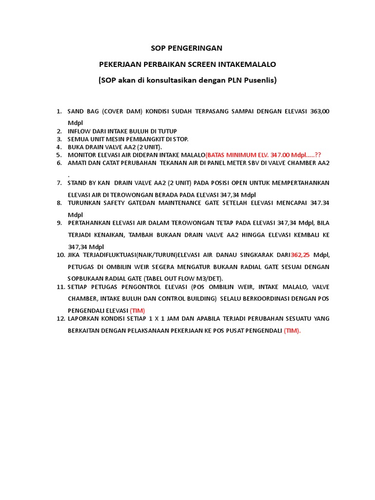 Sop Pengeringan Intake Plta Singkarak | PDF