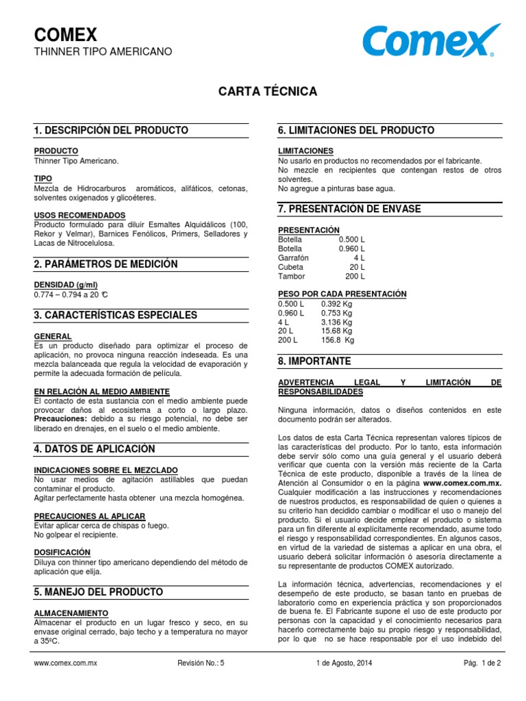 Carta Tecnica Comex Thinner Tipo Americano | PDF | Naturaleza