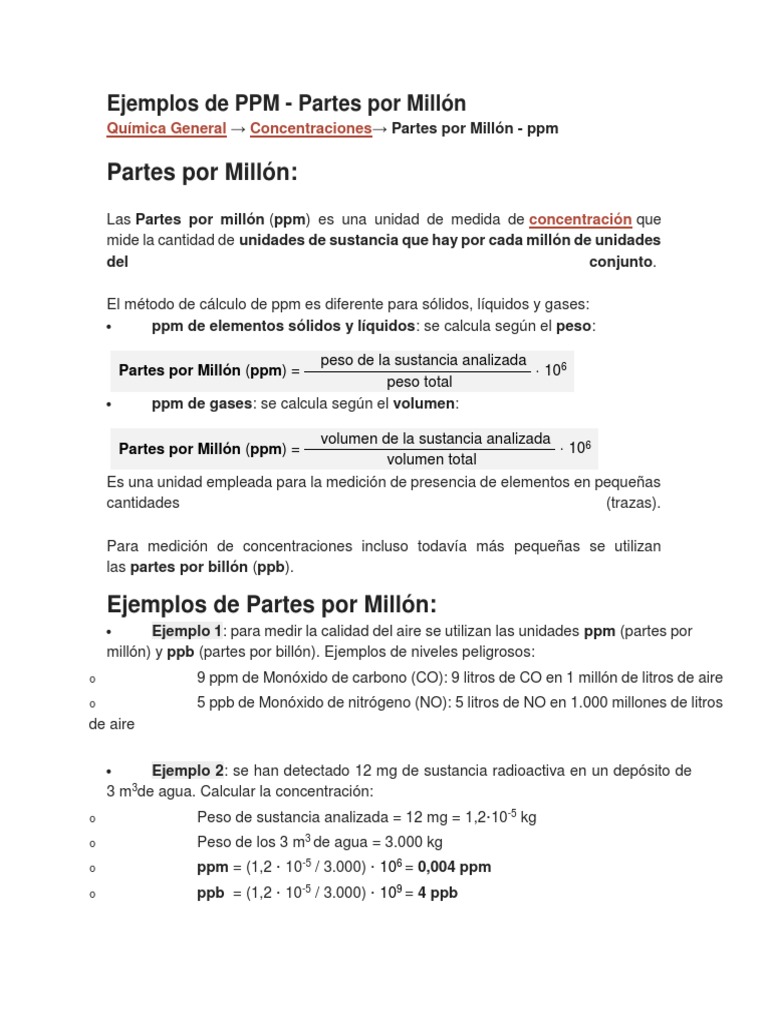 Ejemplos de PPM | Concentración | Química