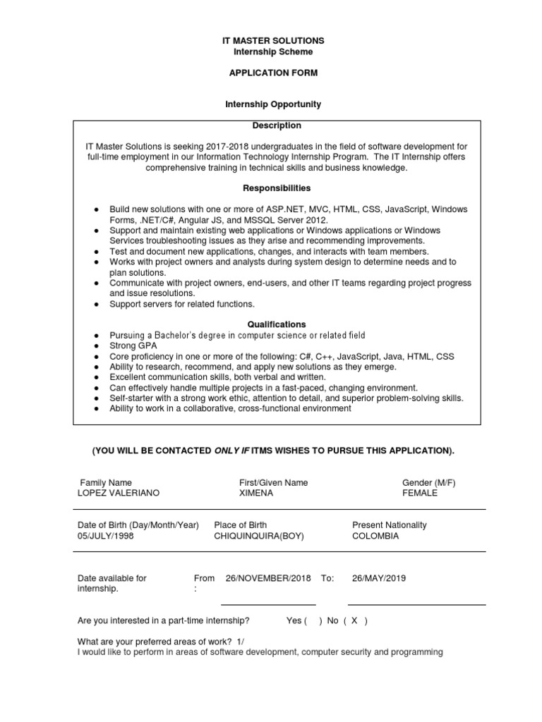 Formato-Internship Application Form Ximena Lopez | PDF | Java Script | Information Technology