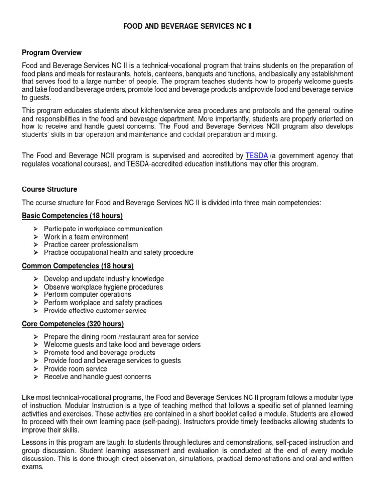 Program Overview -Food and Beverage Services Nc II | Waiting Staff | Vocational Education | Free ...
