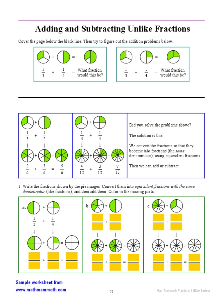 Adding Unlike Fractions Worksheet | PDF | Fraction (Mathematics ...