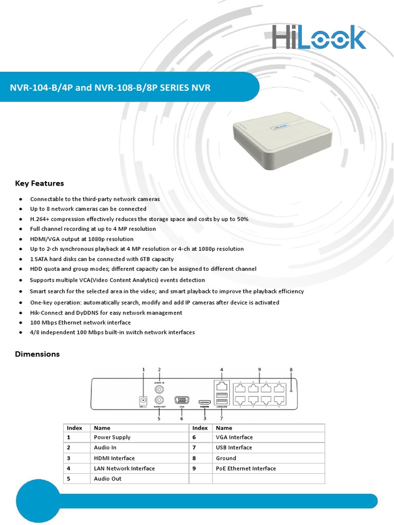 Especificaciones NVR HiLook | PDF | Hdmi | Network Interface Controller