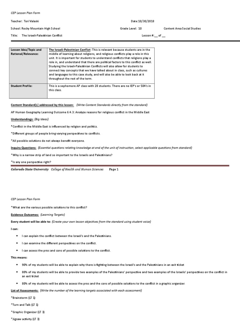 Israeli-Palestinian Conflict Lesson Plan | PDF | Lecture | Lesson Plan