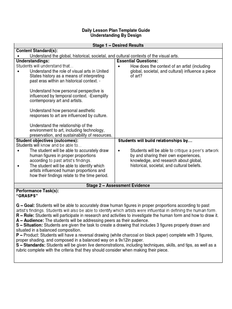 figure drawing ubd lesson plan | Lesson Plan | Rubric (Academic)