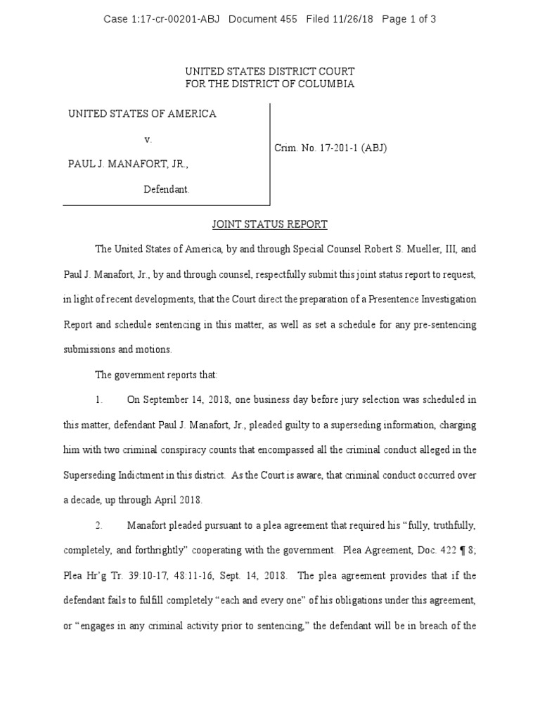 US V Manafort - Joint Status Report | PDF | Plea | Plea Bargain